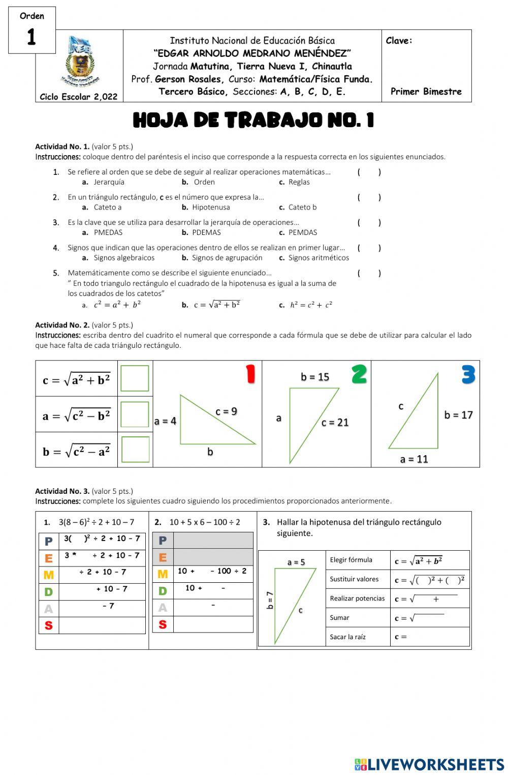 Hoja de trabajo No. 1 (3ro) online exercise for | Live Worksheets