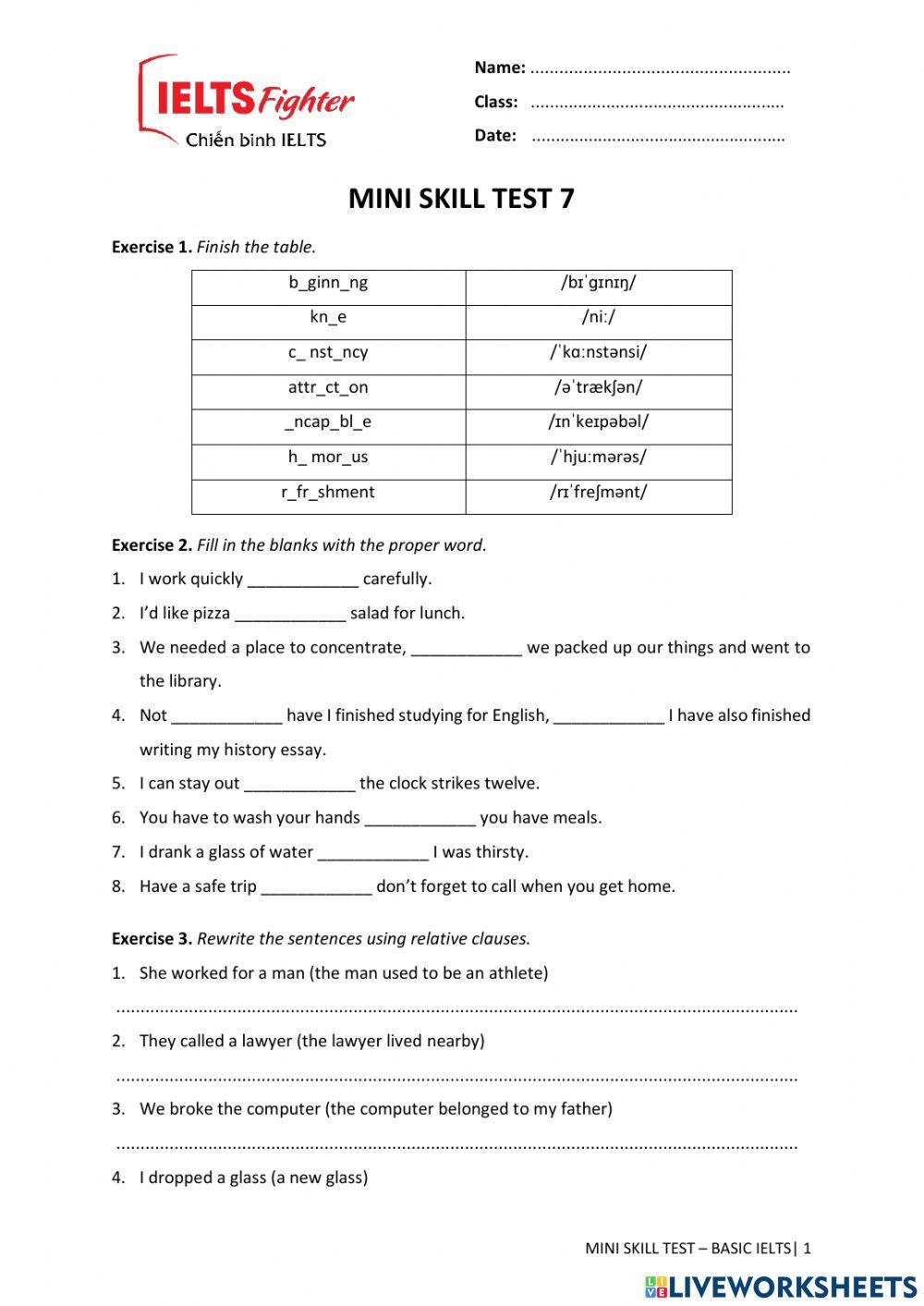 MINI TEST 7 - Basic IELTS worksheet | Live Worksheets