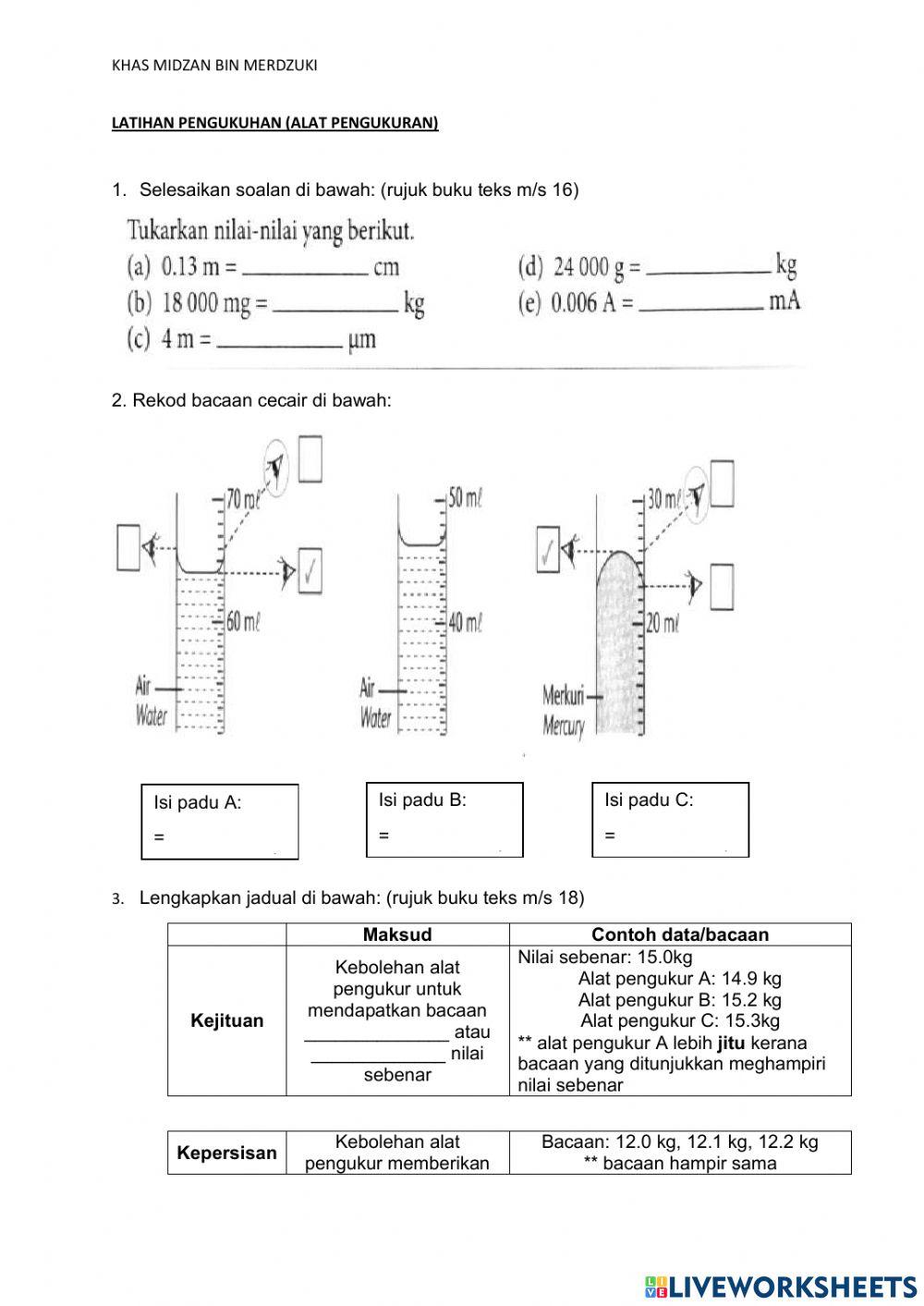 Alat pengukuran kepekaan, kejituan dan kepersisan worksheet | Live ...