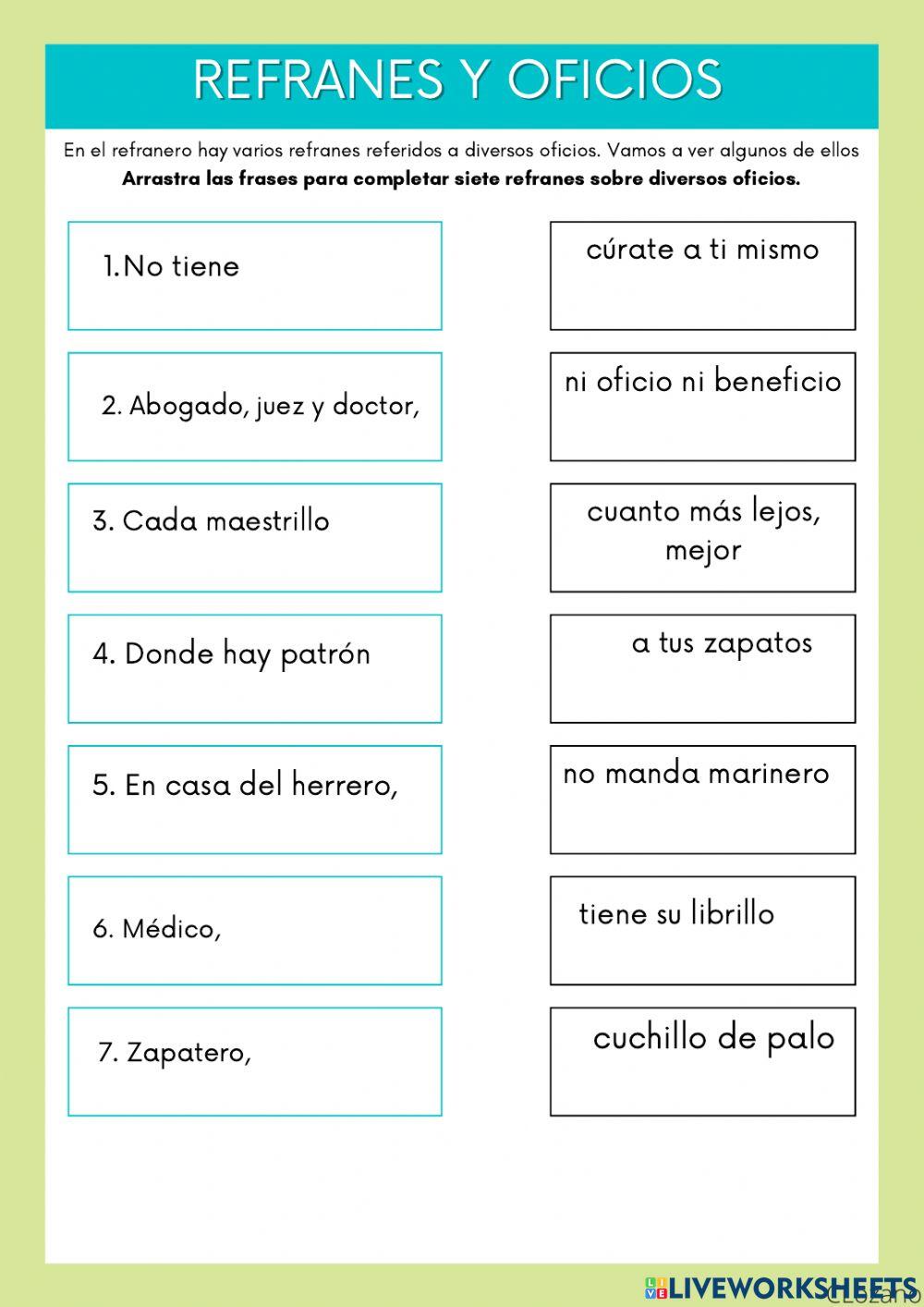 Refranes y Oficios worksheet | Live Worksheets