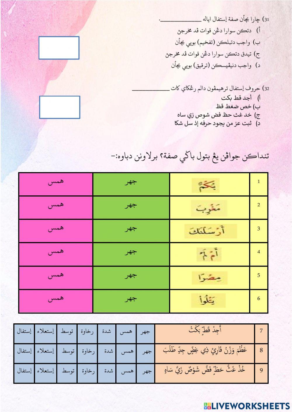 Ulangkaji Sifat2 Huruf hingga Istifal worksheet | Live Worksheets
