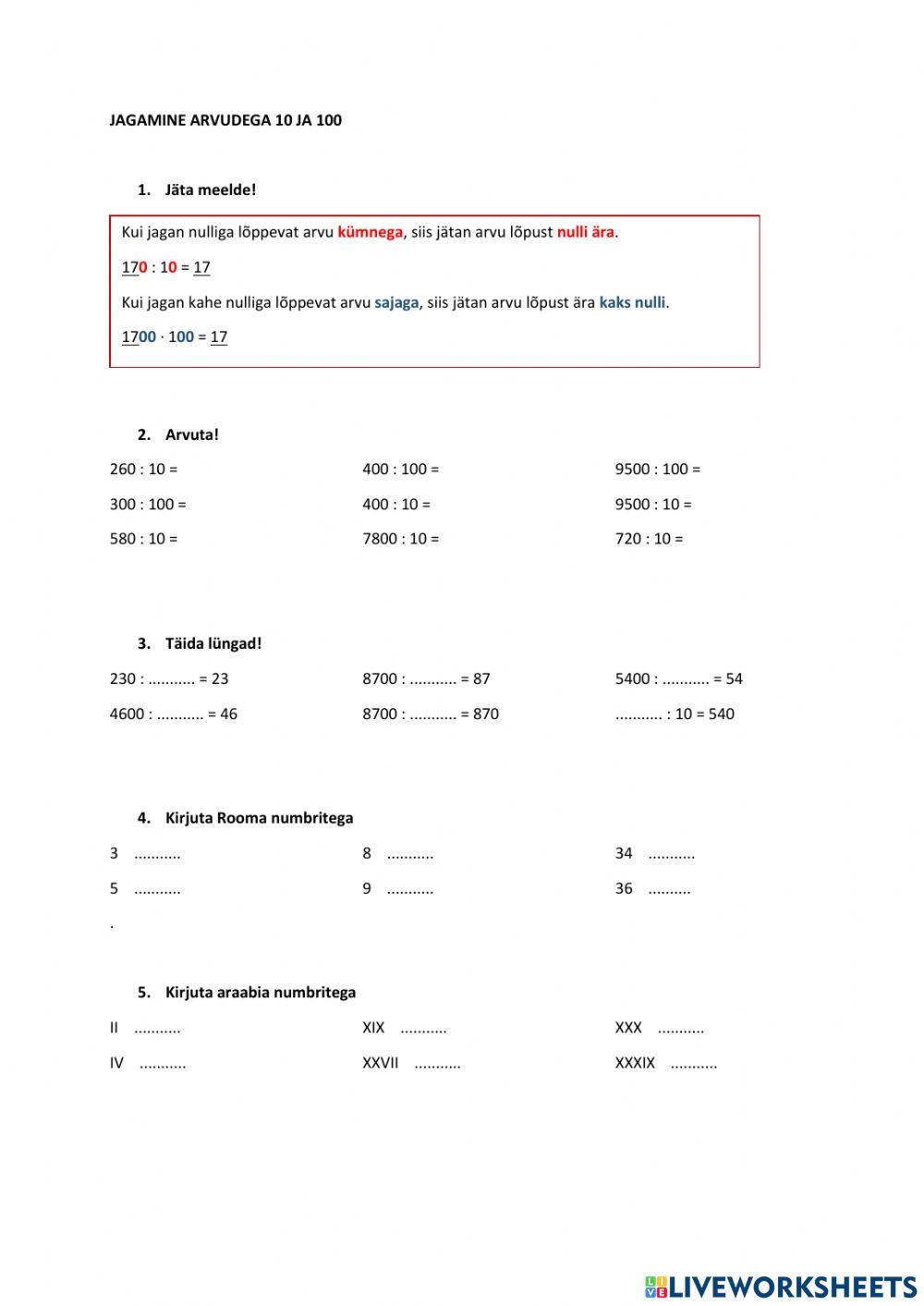 Jagamine arvudega 10 ja 100, Rooma numbrid. 3. klass worksheet | Live ...