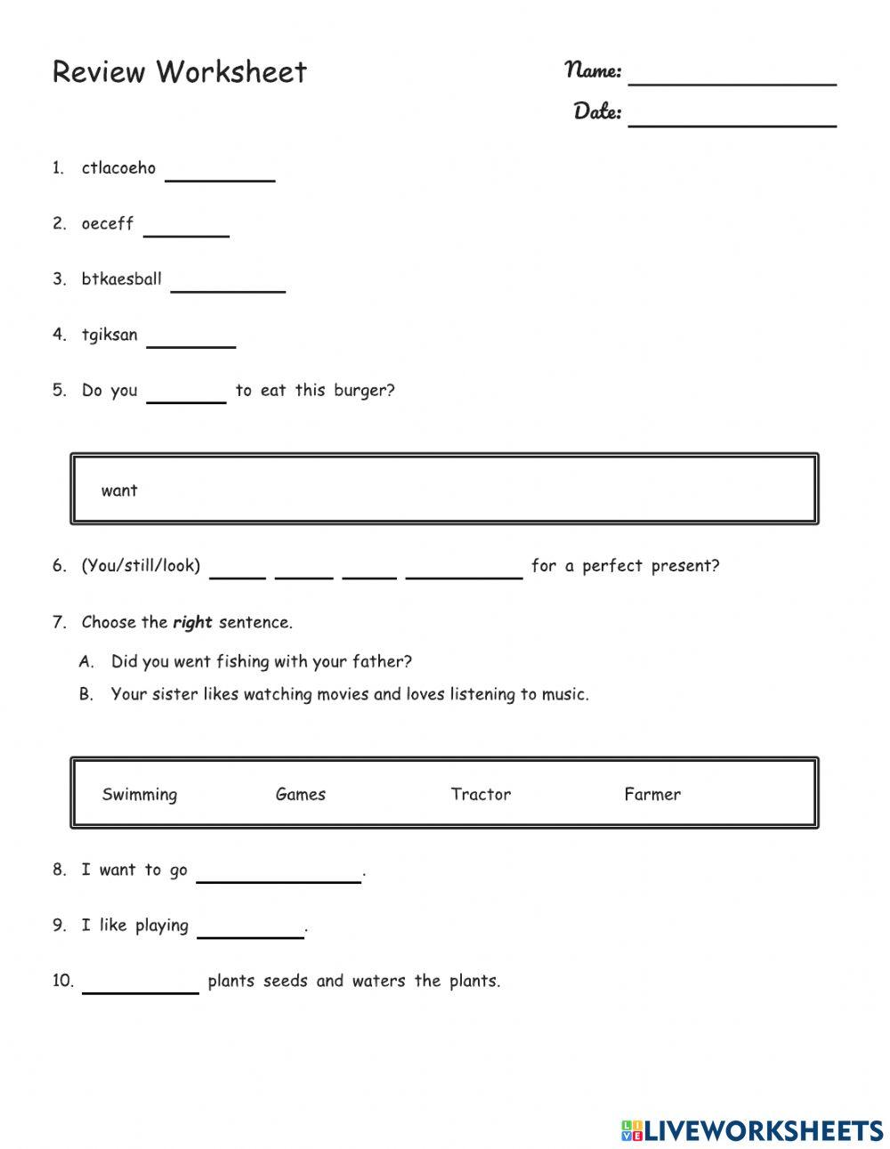 Review about words worksheet | Live Worksheets