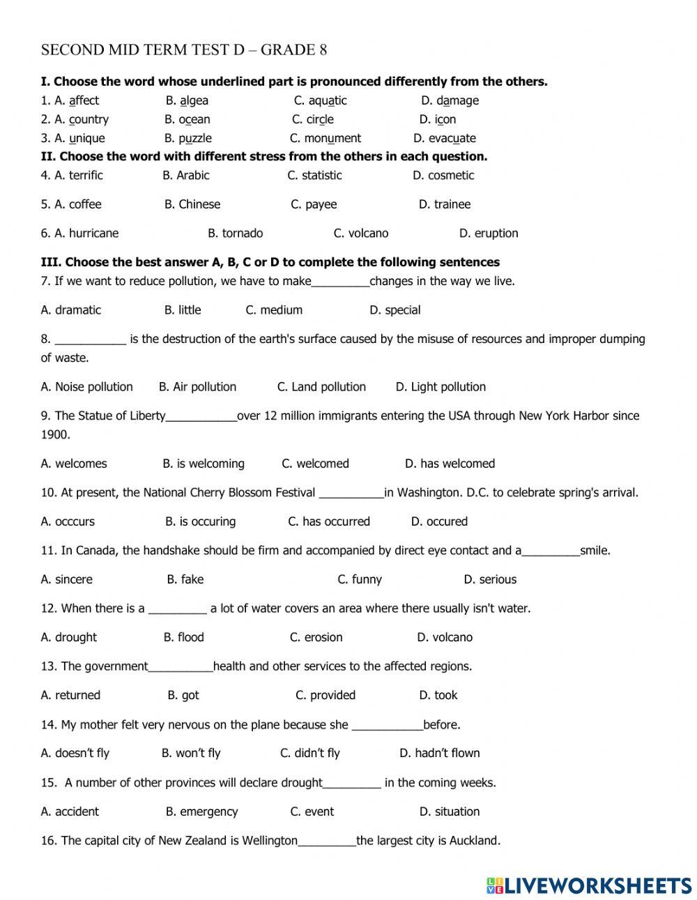 Grade 8 second mid term test d worksheet | Live Worksheets