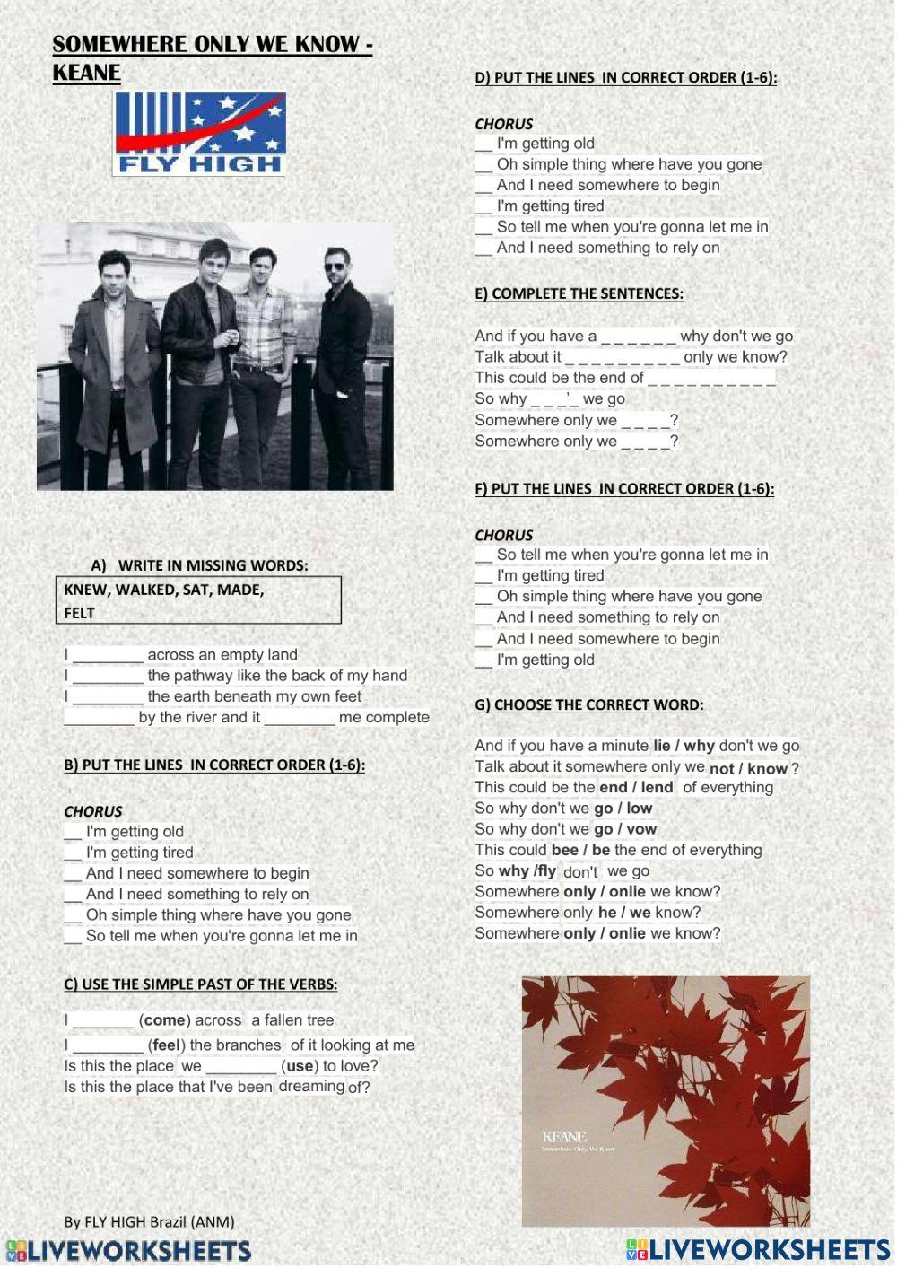 Somewhere only we know - Keane (simple past activity) online exercise ...