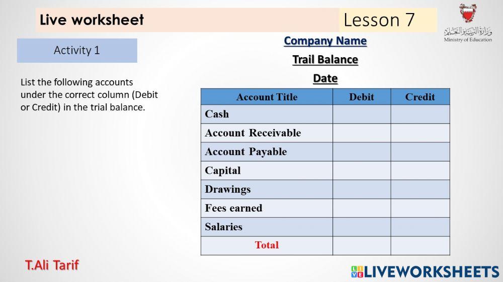 Trial Balance online exercise for | Live Worksheets