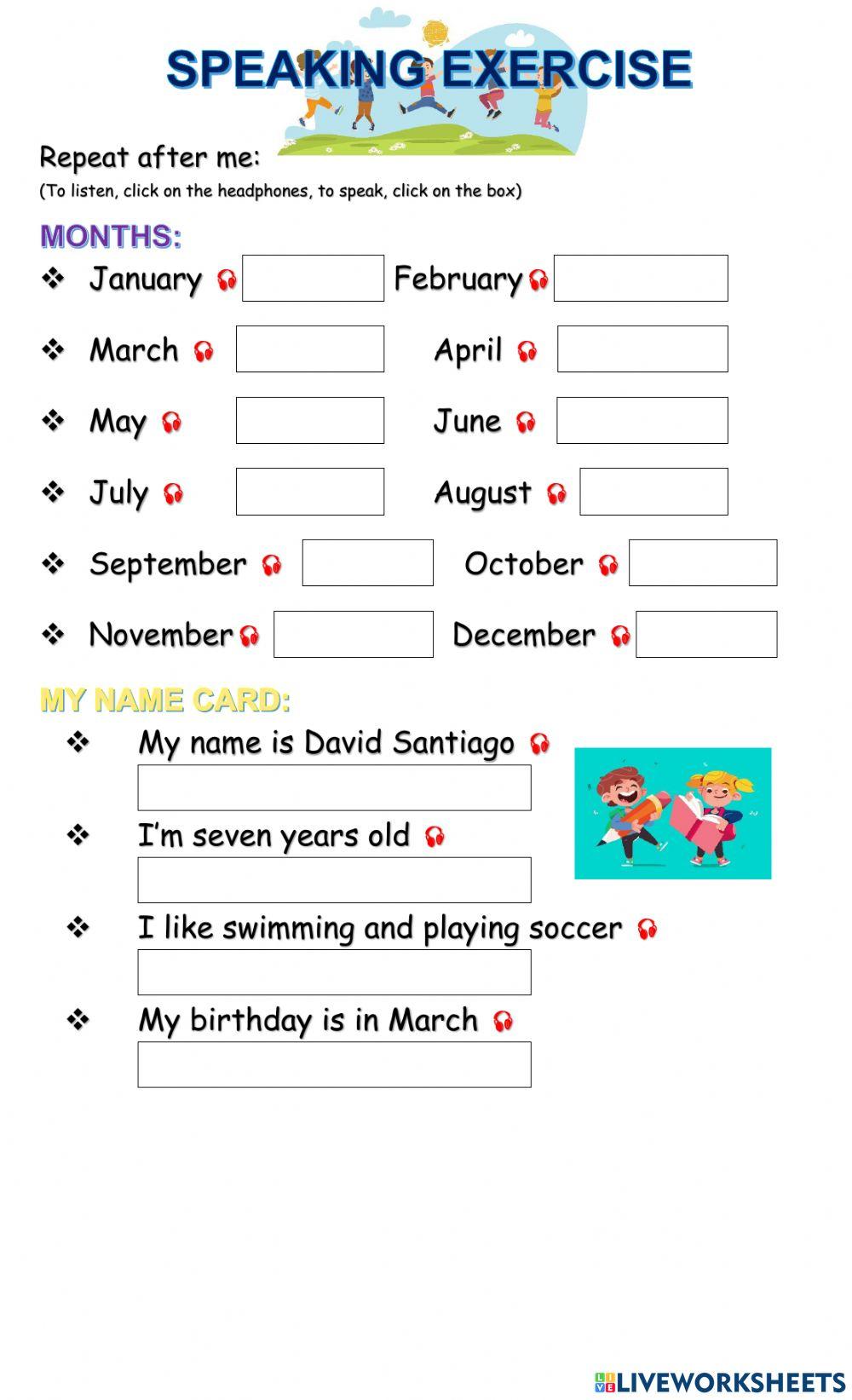 SPEAKING EXERCISE months and name card worksheet | Live Worksheets