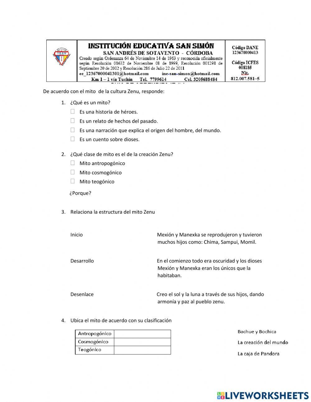 La narración: El mito interactive worksheet | Live Worksheets