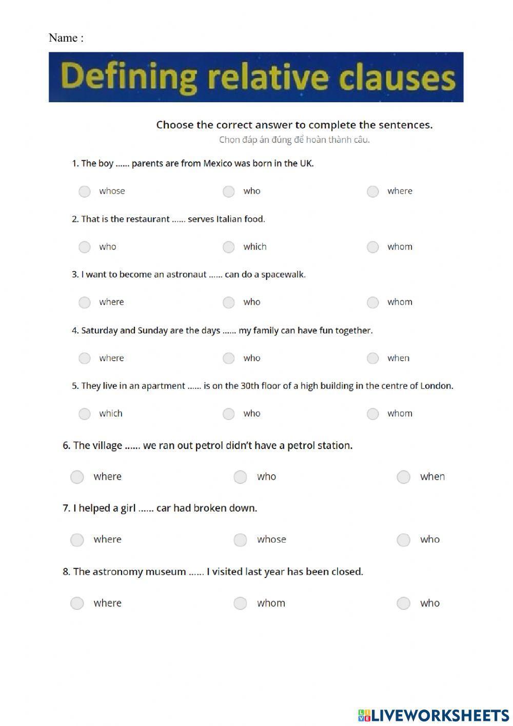 Relative pronoun | Free Interactive Worksheets | 1912346