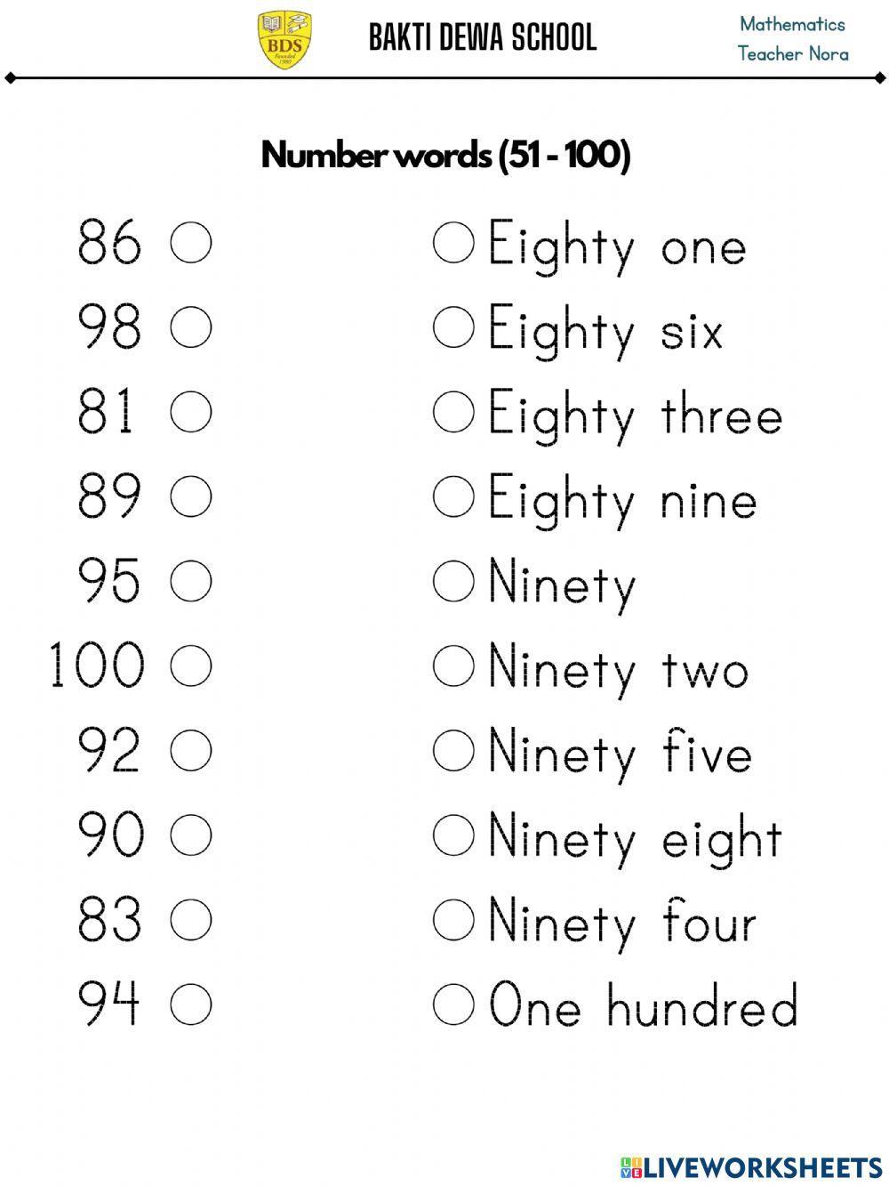 Number words 51 - 100 interactive worksheet | Live Worksheets