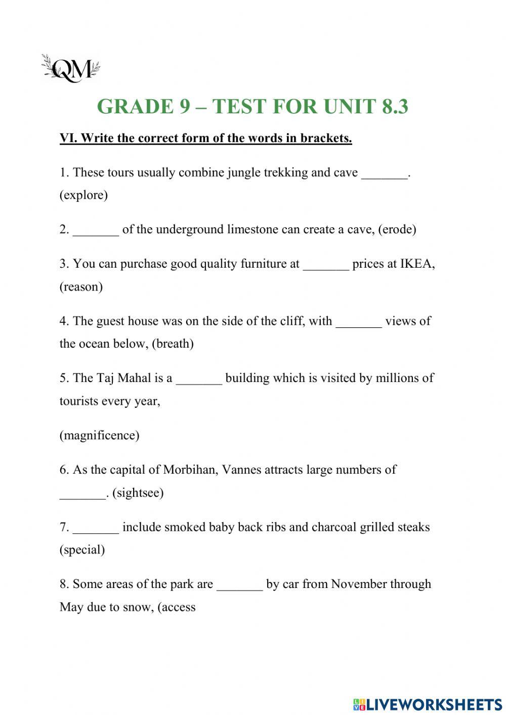 Test for unit 8 activity for 9 | Live Worksheets