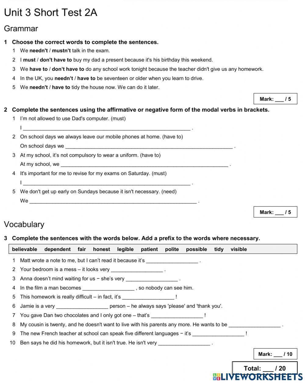 U, Test 2A worksheet | Live Worksheets