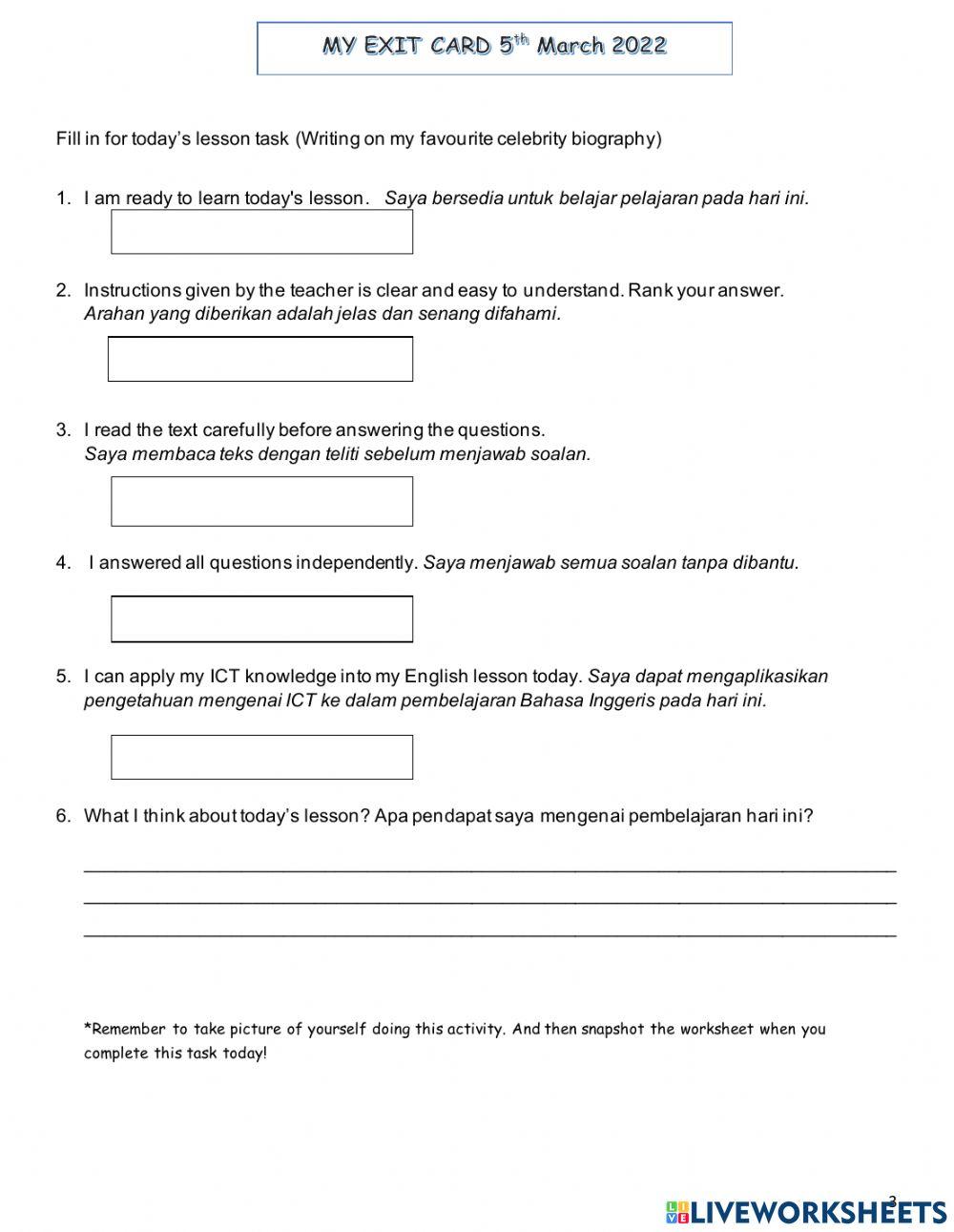 Writing my favourite celebrity biography online exercise for | Live ...