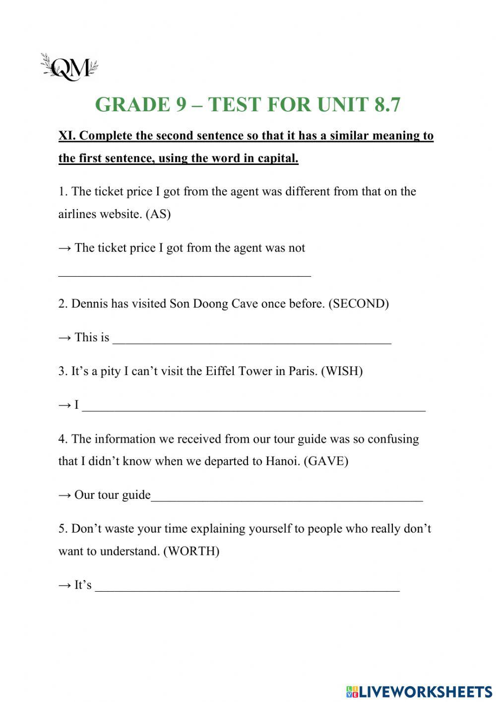 Test for unit 8 online exercise for 9 | Live Worksheets