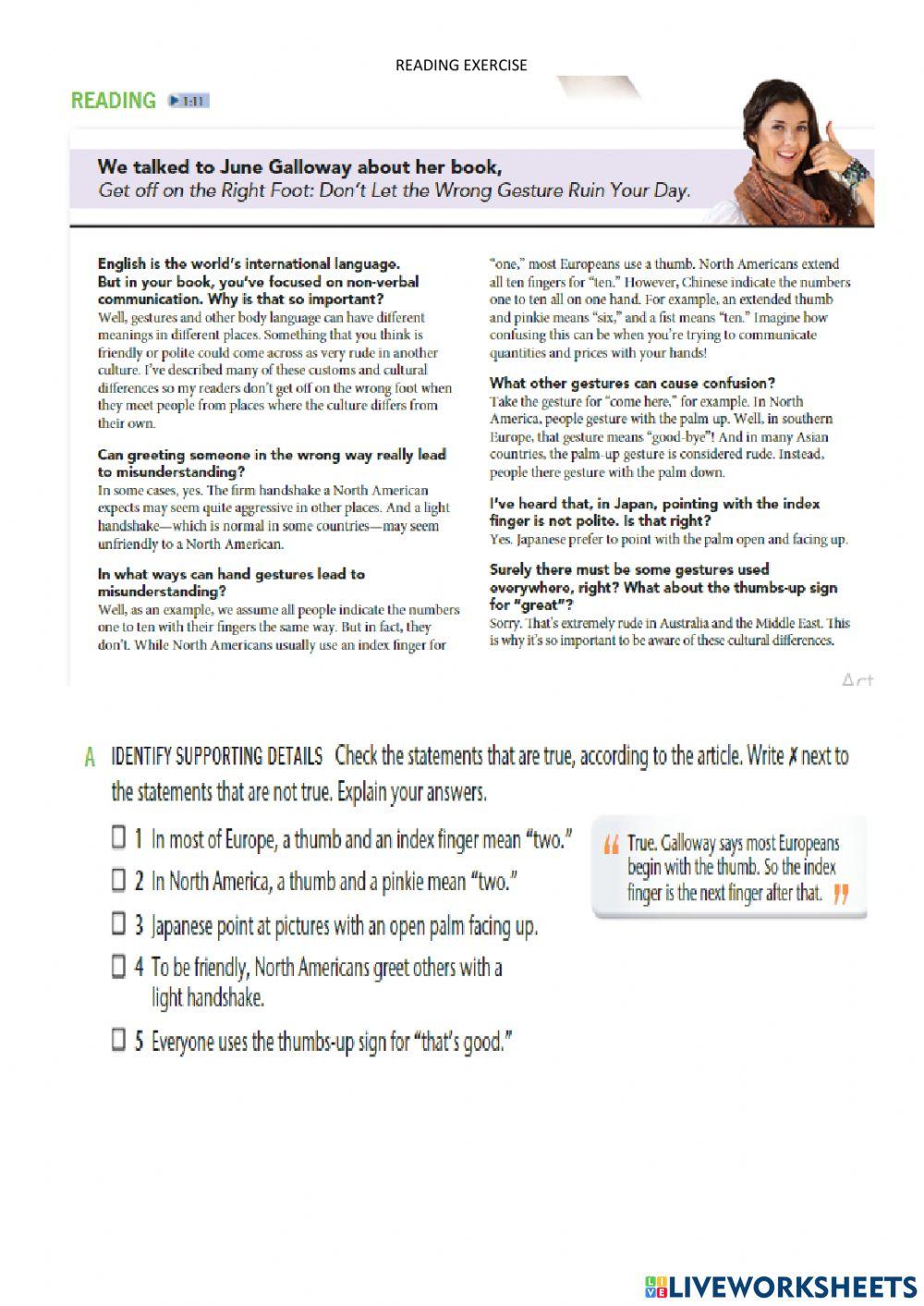 Reading gestures | Free Interactive Worksheets | 1914073
