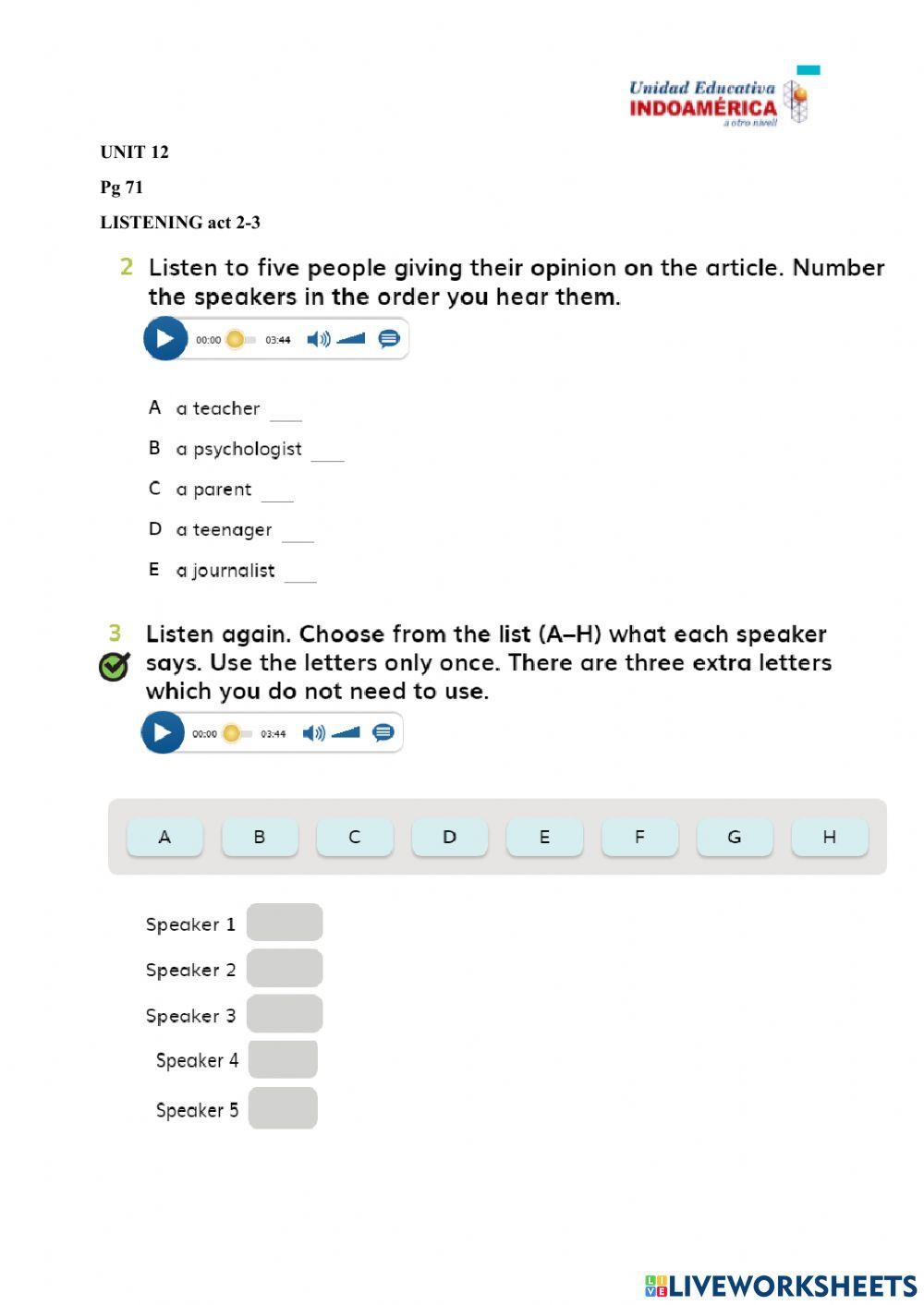 2do -unit 12 pg 71 listening worksheet | Live Worksheets