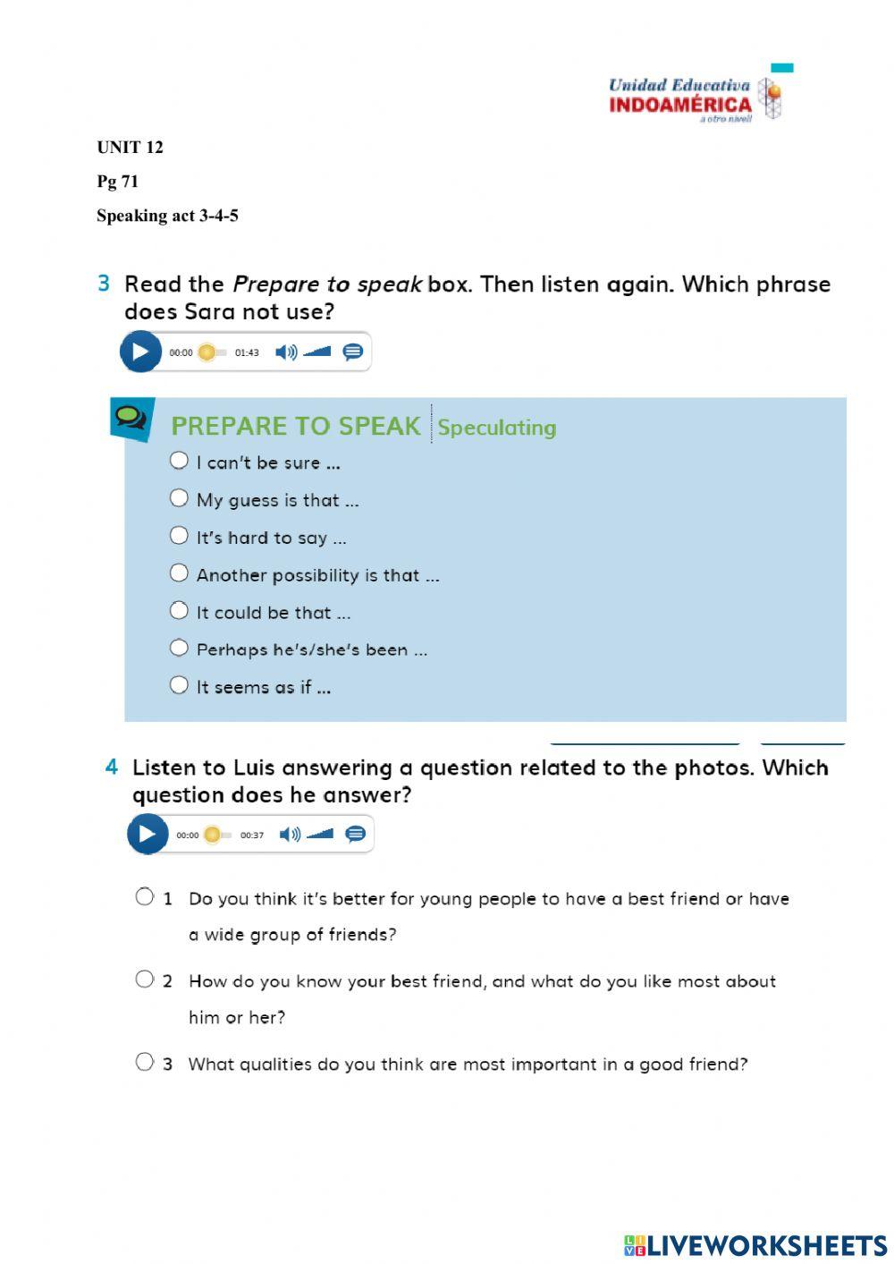 2do -unit 12 pg 71 speaking worksheet | Live Worksheets