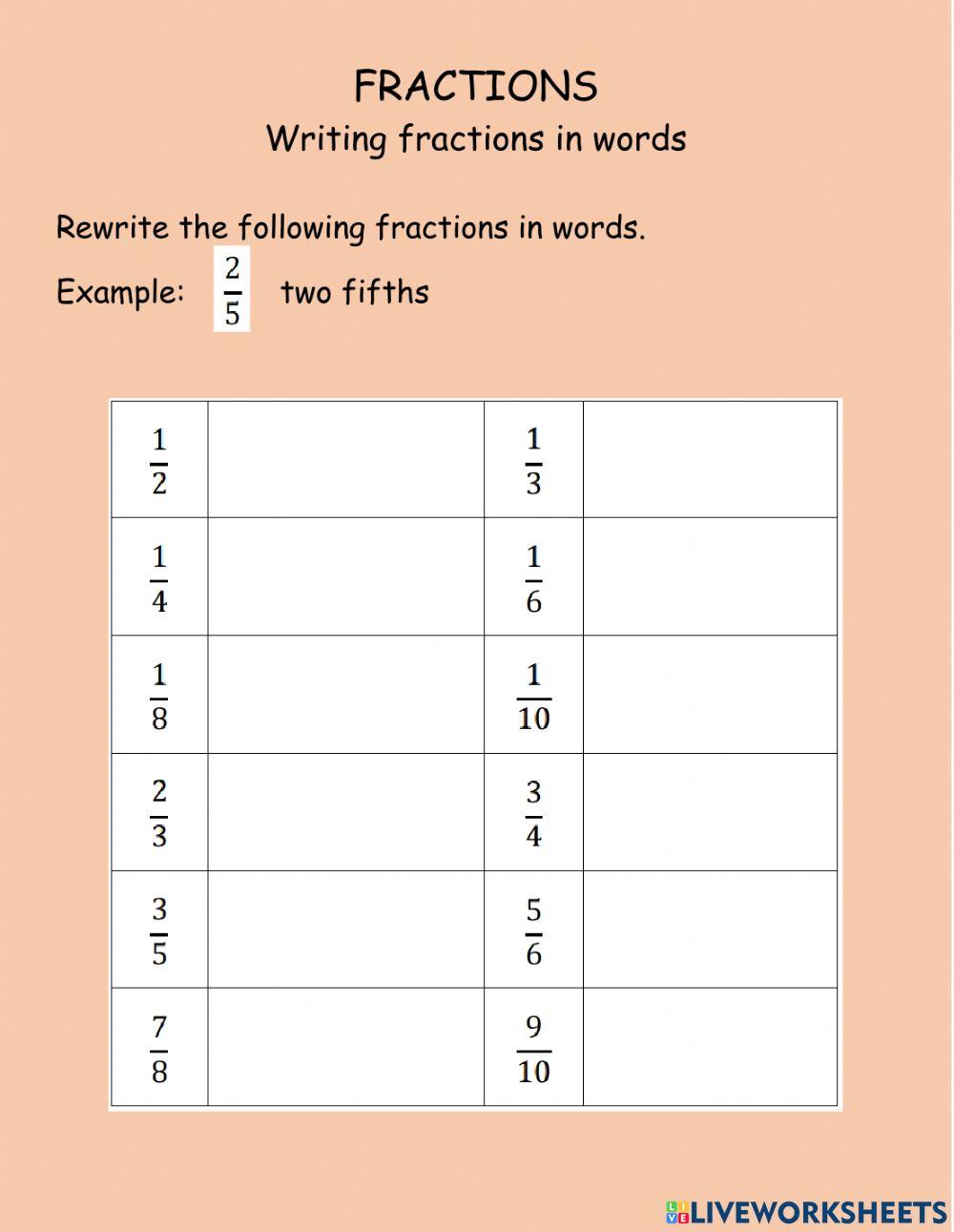 Writing Fractions In Words Online Exercise For Live Worksheets writing-fractions-in-words-online-exercise-for-live-worksheets