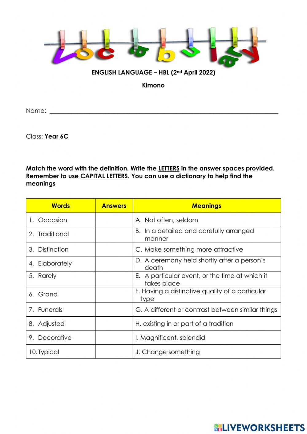 Vocabulary online exercise for Year 6 | Live Worksheets