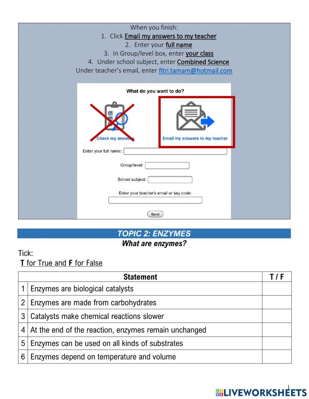 BIOLOGY TOPIC 2 ENZYMES online exercise for | Live Worksheets