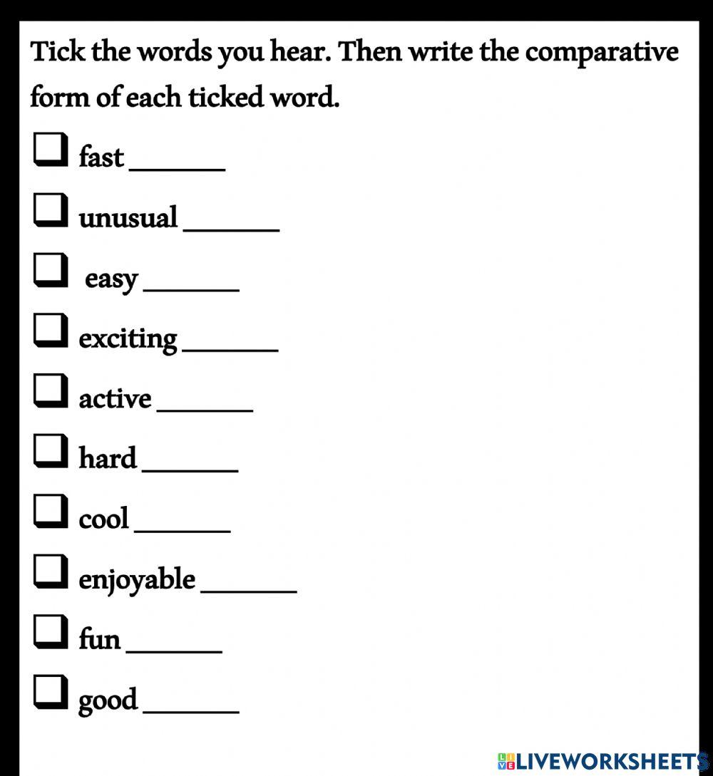 Comparative adjectives online exercise for 7 | Live Worksheets