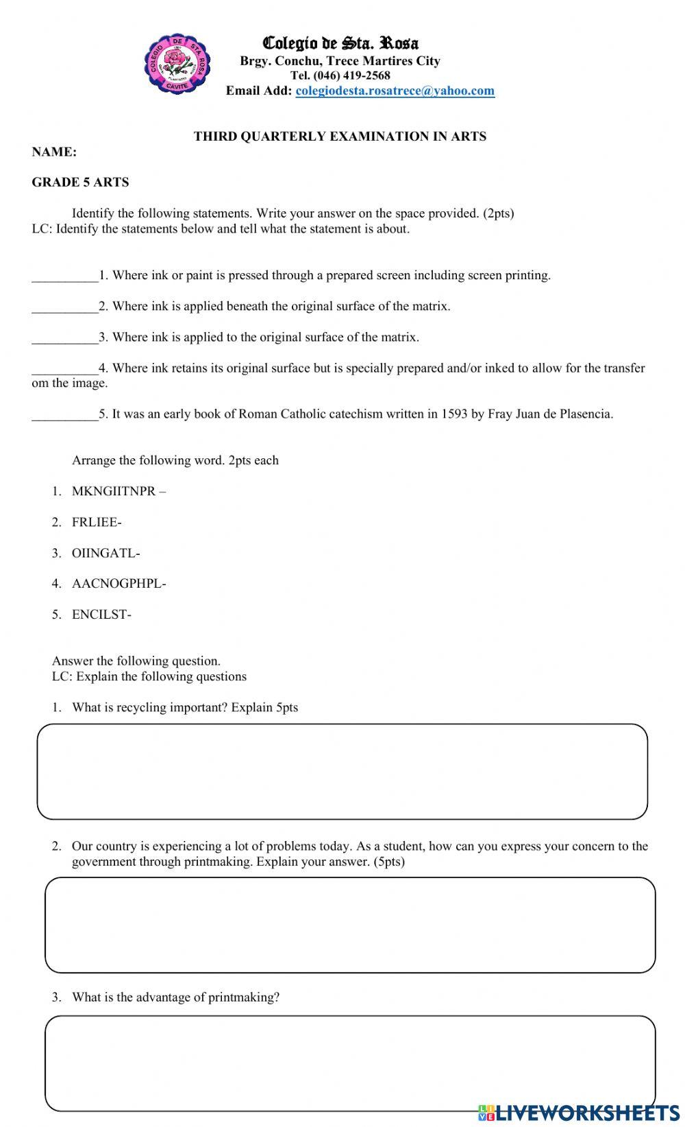 Arts online exercise for 5 | Live Worksheets