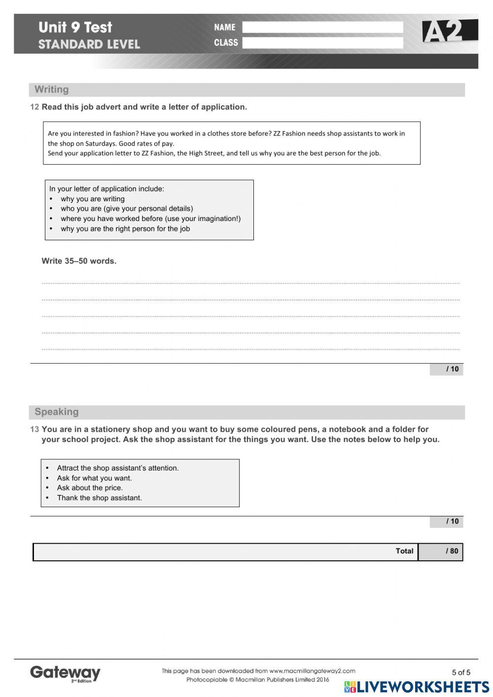 A2 Unit 9 Test | Free Interactive Worksheets | 6857991