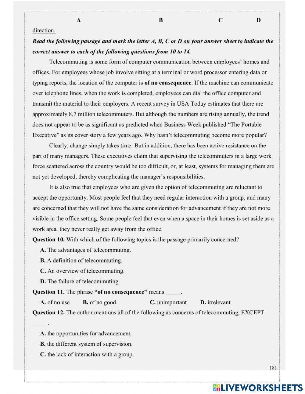 Test 11 online activity for 12 | Live Worksheets