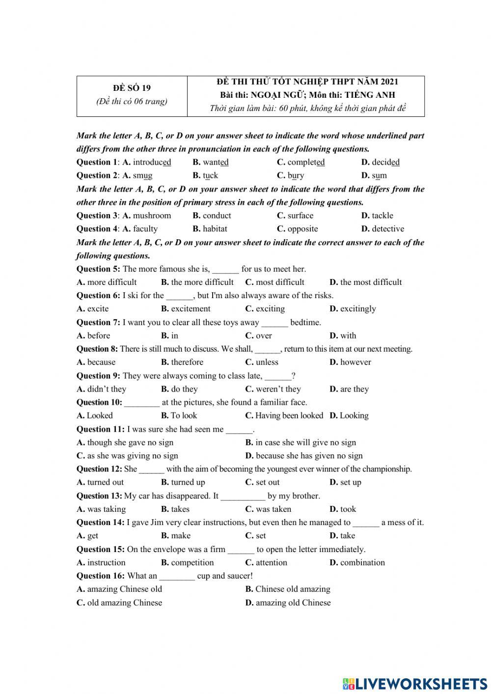 De 19 worksheet | Live Worksheets
