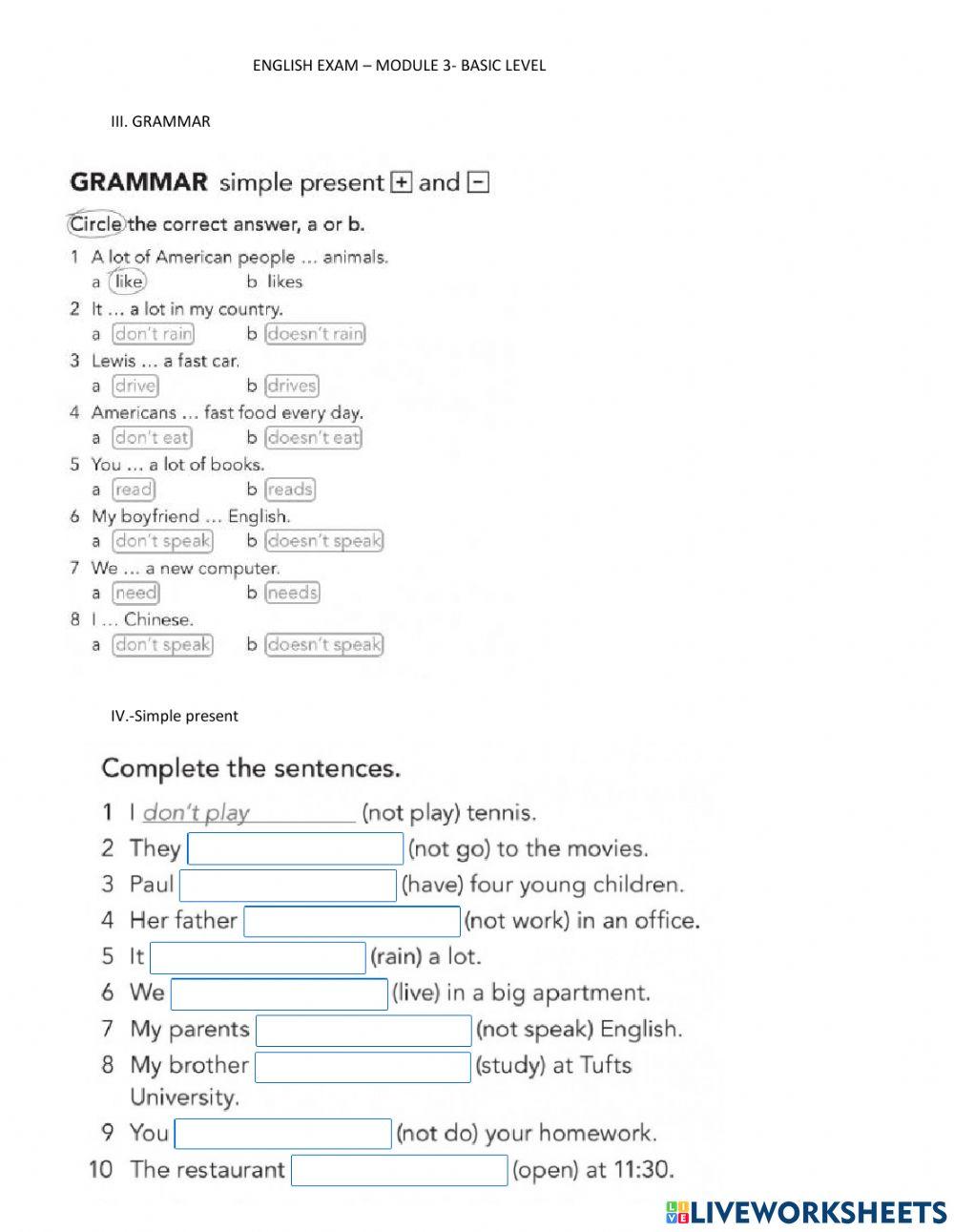 EXAM M3 BASIC MARCH 30TH online exercise for | Live Worksheets