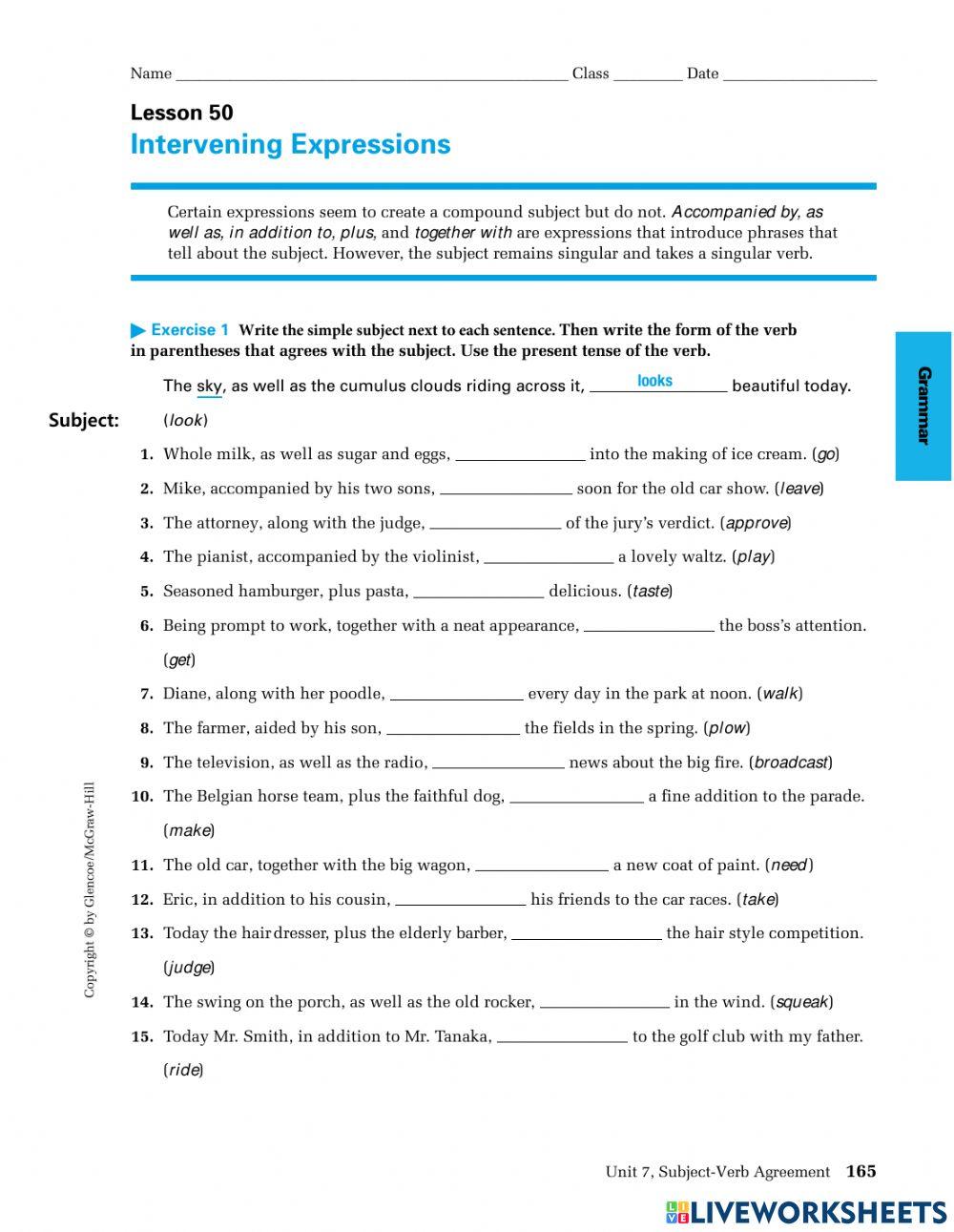 G5-6 Tues Challenge Subj Verb Intervening Phrases online exercise for ...