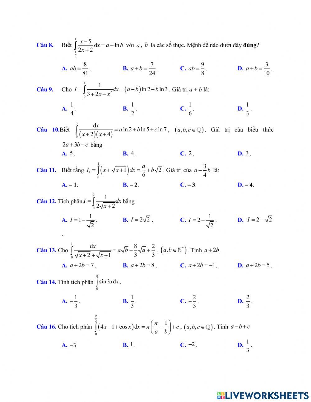 Bai tap tich phan online exercise for | Live Worksheets