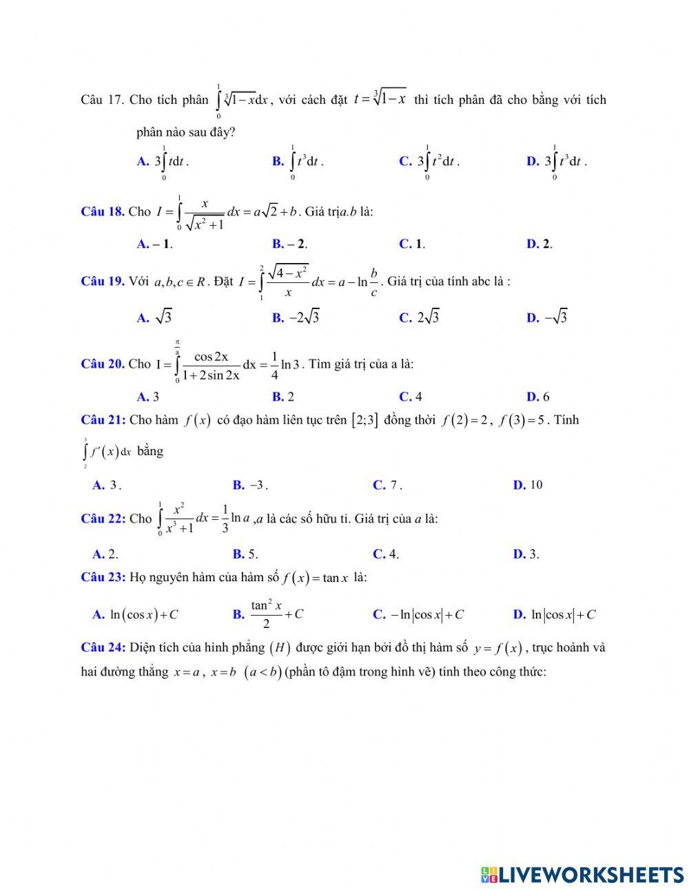 Bai tap tich phan online exercise for | Live Worksheets