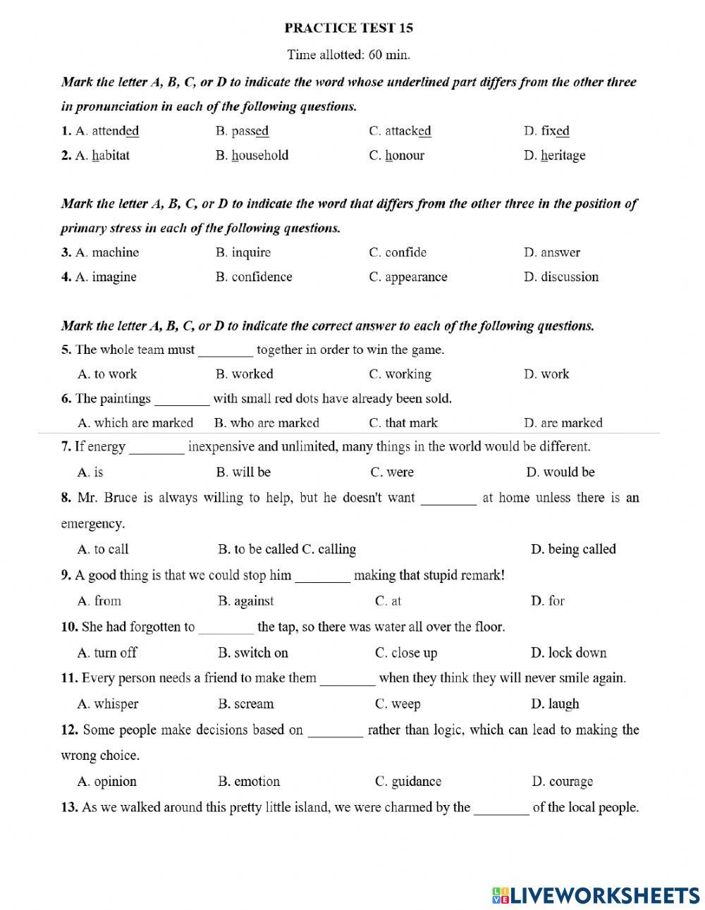 Entrance 10 Test online activity | Live Worksheets