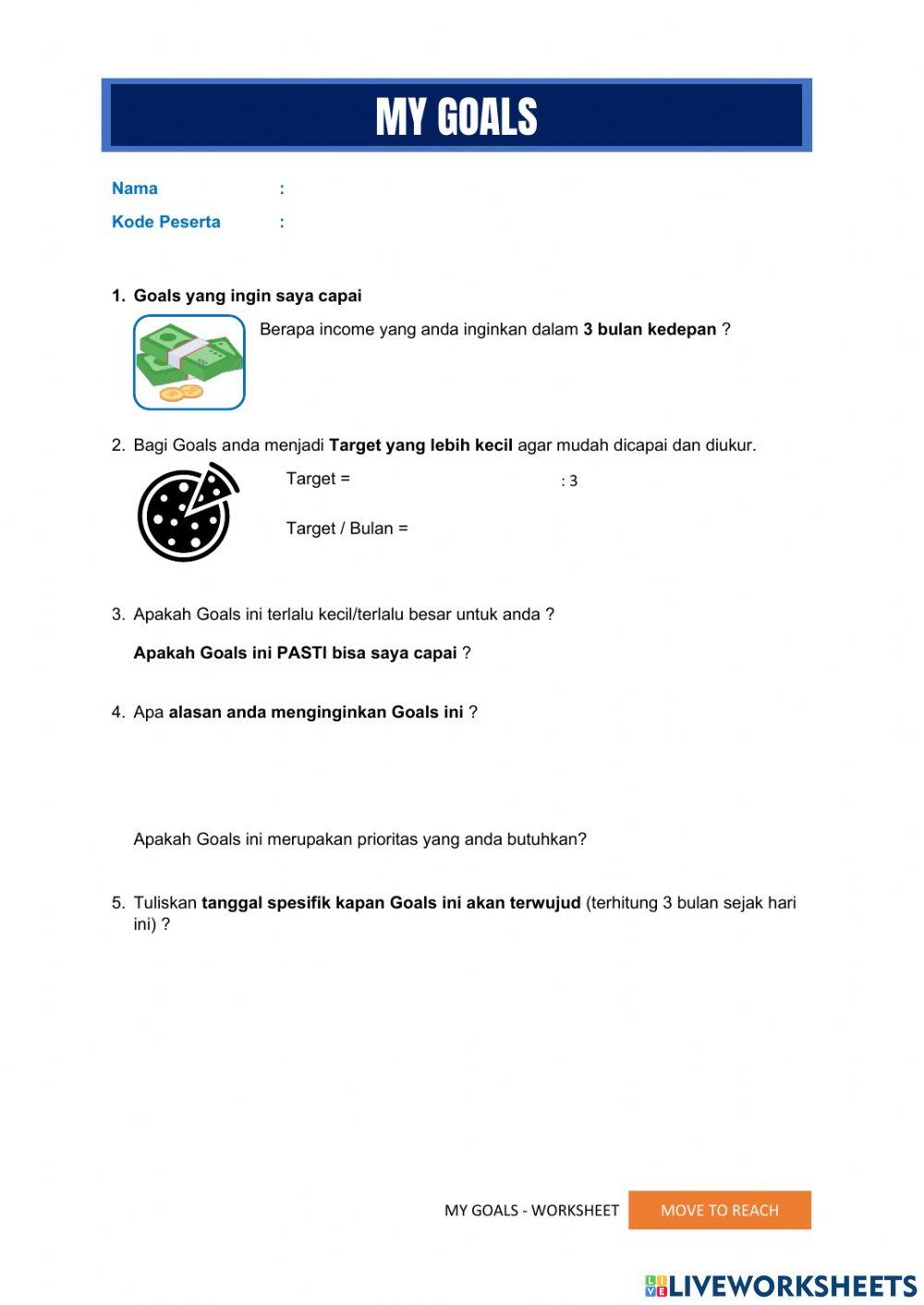 My Goals - Worksheet MOVE To REACH worksheet | Live Worksheets
