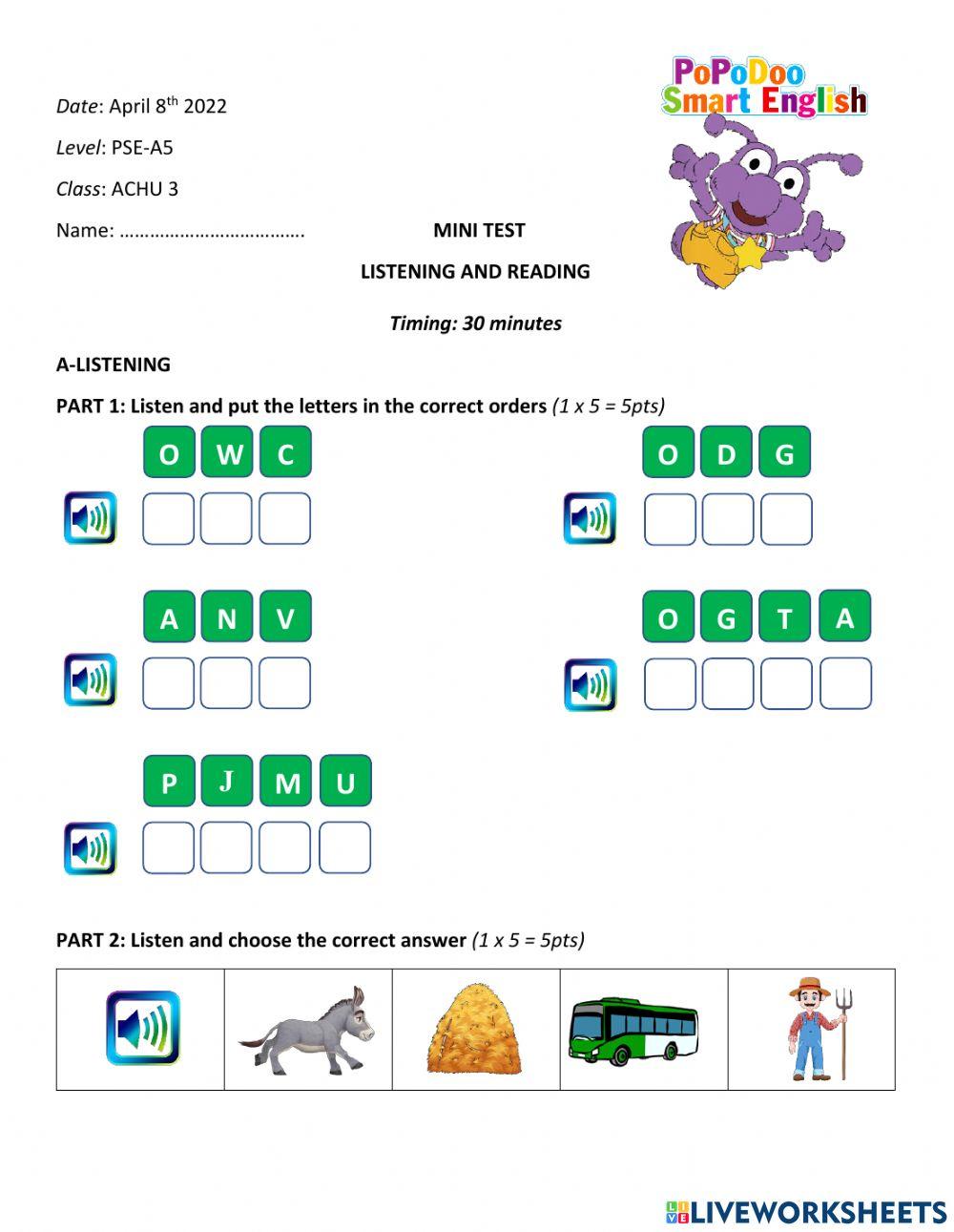 Pse.a5-listening and reading test worksheet | Live Worksheets