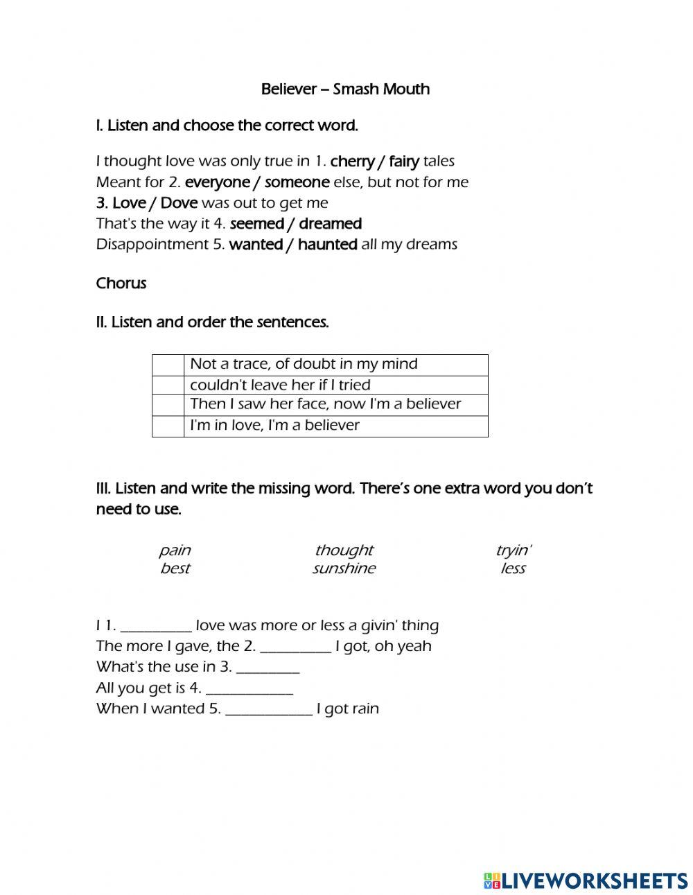 Believer - Smash Mouth Listening comprehension handout worksheet | Live ...