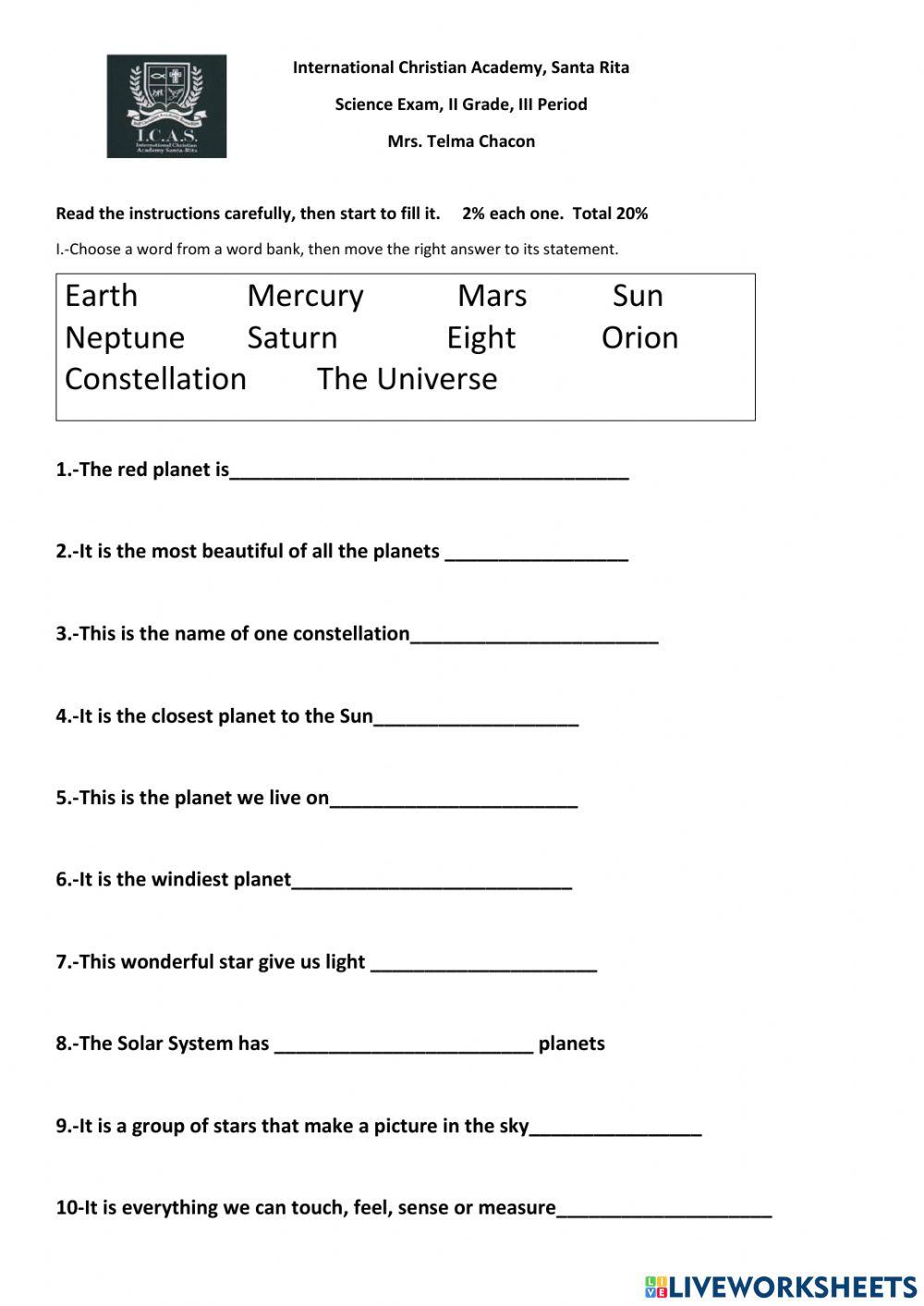 Science Exam III Period II Grade online exercise for | Live Worksheets