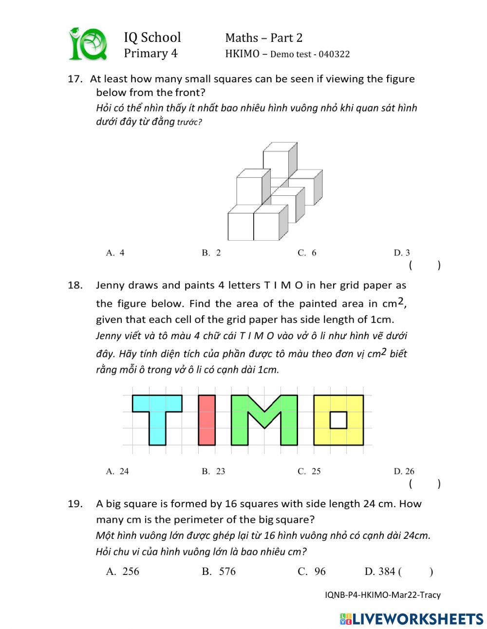 Maths online exercise for 4 | Live Worksheets