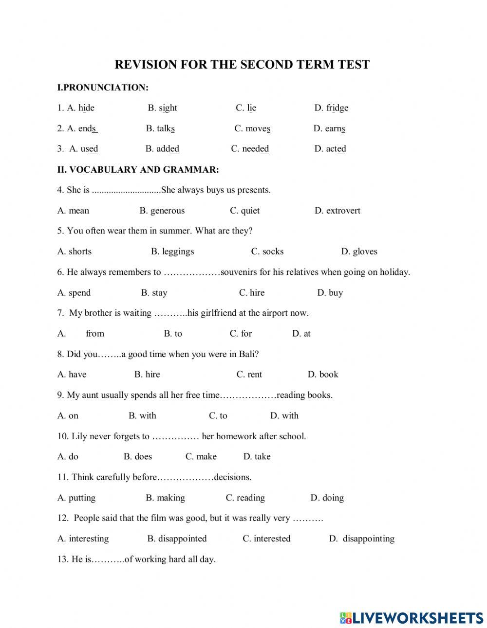 Revision for the second term test 1914621 | tạ thị diệu
