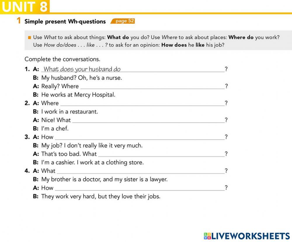 Unit 8 Wh questions simple present online exercise for | Live Worksheets