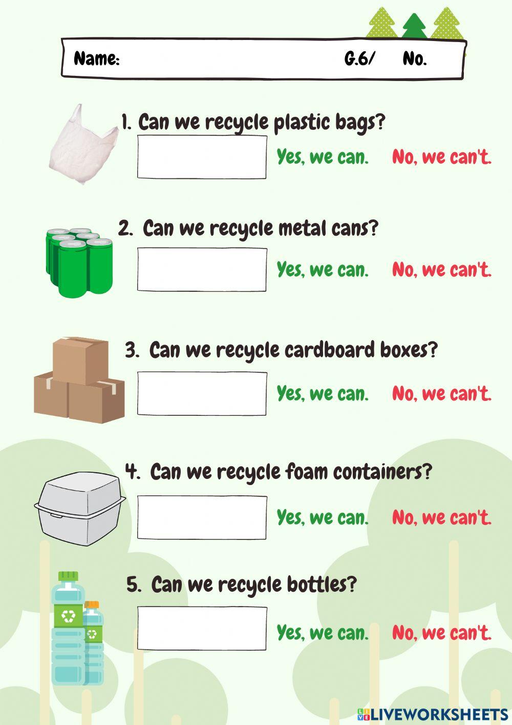 Recycled things activity | Live Worksheets