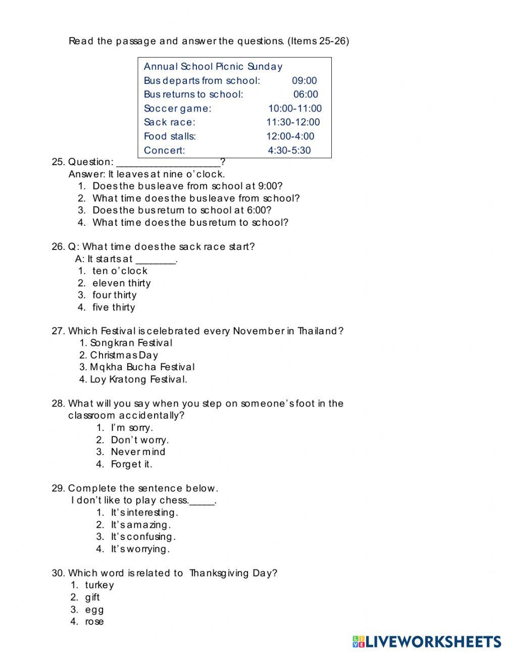 Questionnaire interactive exercise for GRADE 5 | Live Worksheets