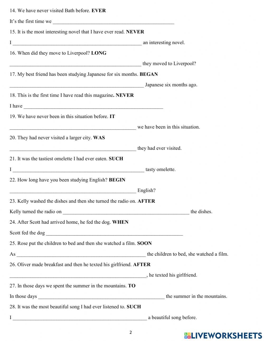 SENTENCE TRANSFORMATION online exercise for | Live Worksheets