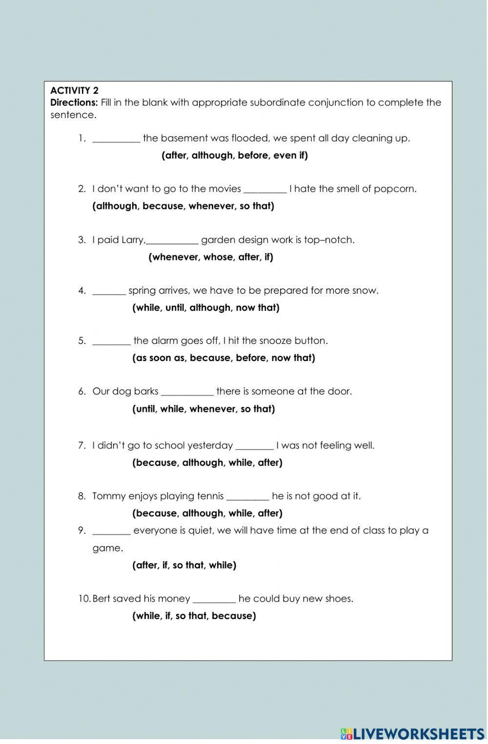 subordinating conjunctions worksheet
