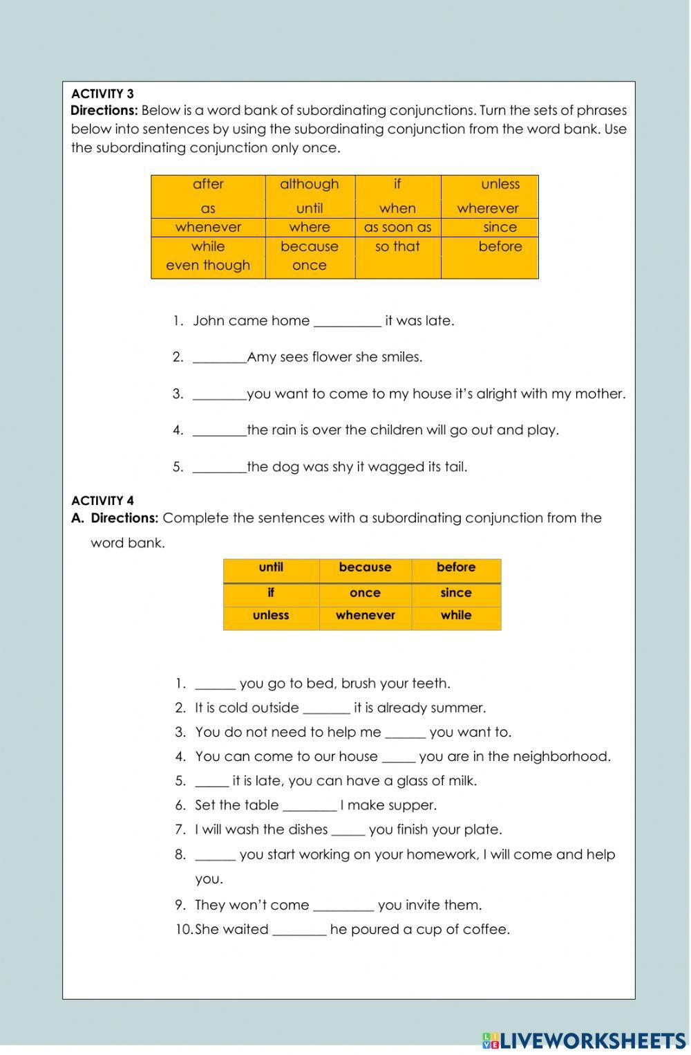 subordinating conjunctions worksheet