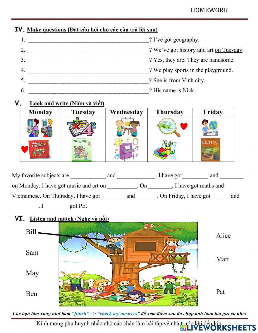 1915673 | HOMEWORK GRADE 3 - SUBJECTS 4 | lanphuongphan