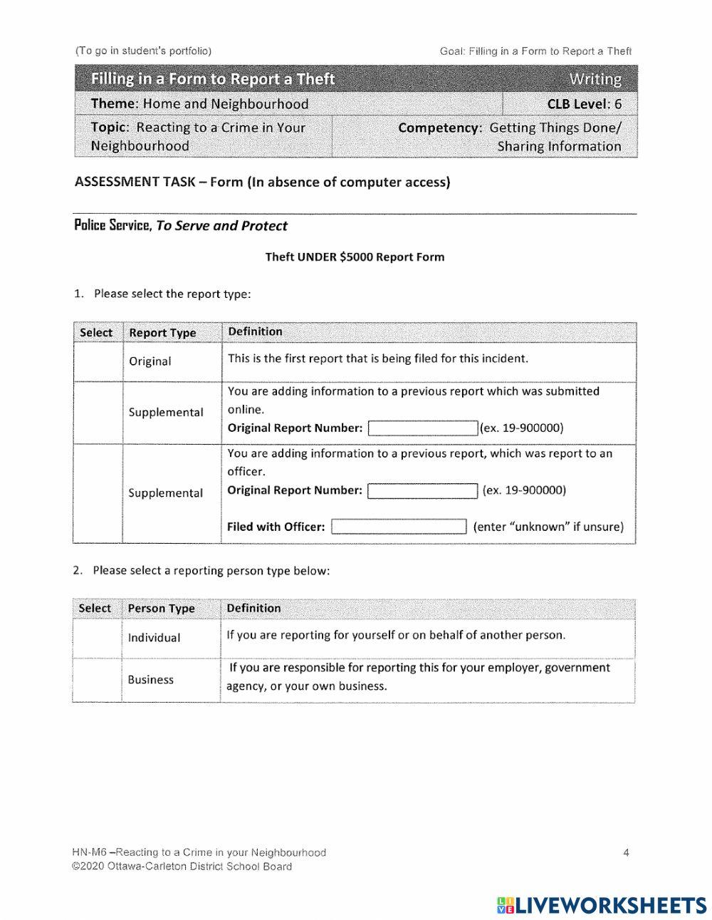 CLB 6 Writing Assessment - Filling in a Form to Report a Theft online ...