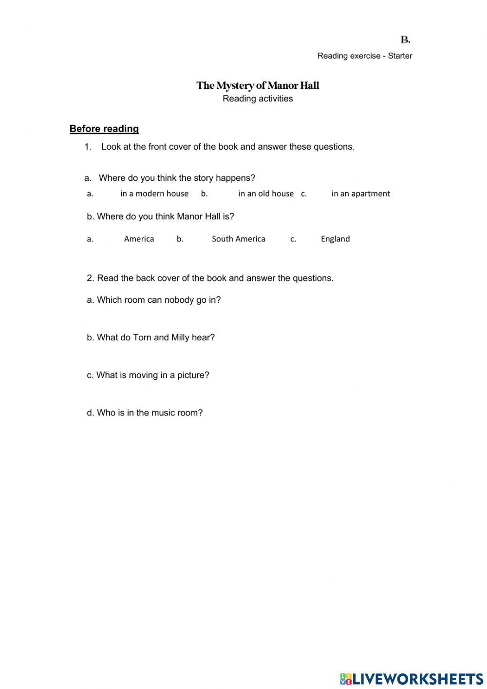 Before reading - Manor Hall - Starter 1916244 | bluepy