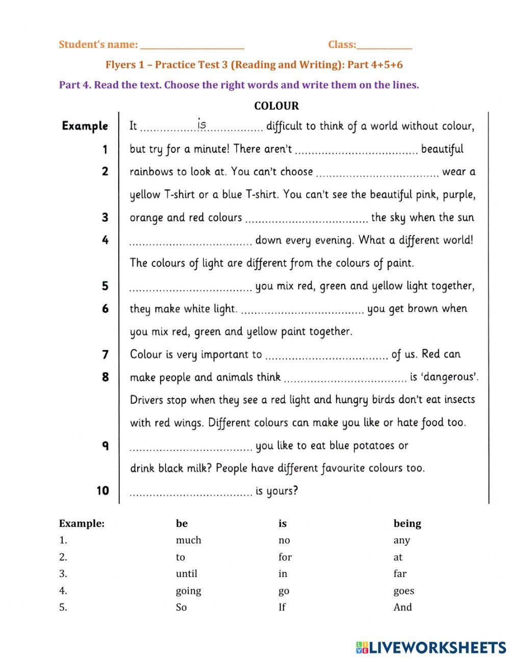 Flyers 1 Test 3… | Free Interactive Worksheets | 4128254